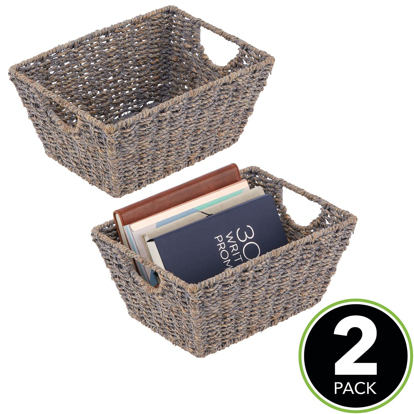 mDesign Natural Woven Seagrass Nesting Closet Storage Organizer Basket Bin for Kitchen Cabinets, Pantry, Bathroom, Laundry Room, Closets, Garage - 2 Pack - Gray