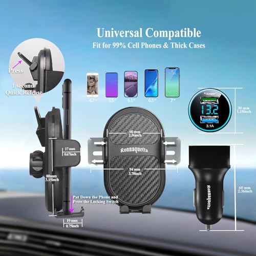 Ronnaquetta Phone Holder Car 1S Quick Release, Car Charger Voltage Display Car Phone Holder Adjustable 360 Rotation Phone Mount Cell Phone Car Mount be Applied to Dashboard or Windshield