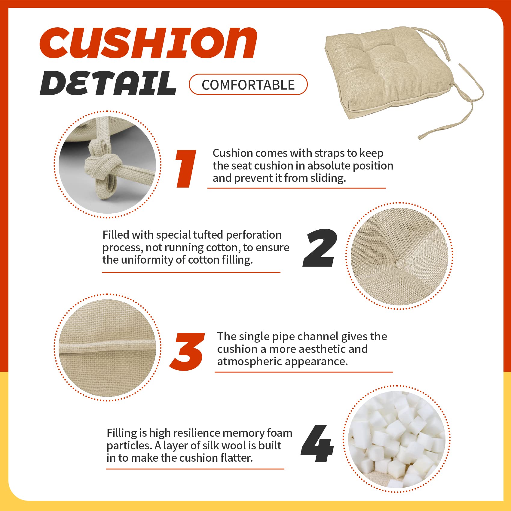 mudilun Indoor Square Chair Cushion,Kitchen Chair Pads with Ties,Thicken Soft Tufted Overstuffed,Suitable for Office Dining Chair Kitchen 4pack (19x19x4, Beige)
