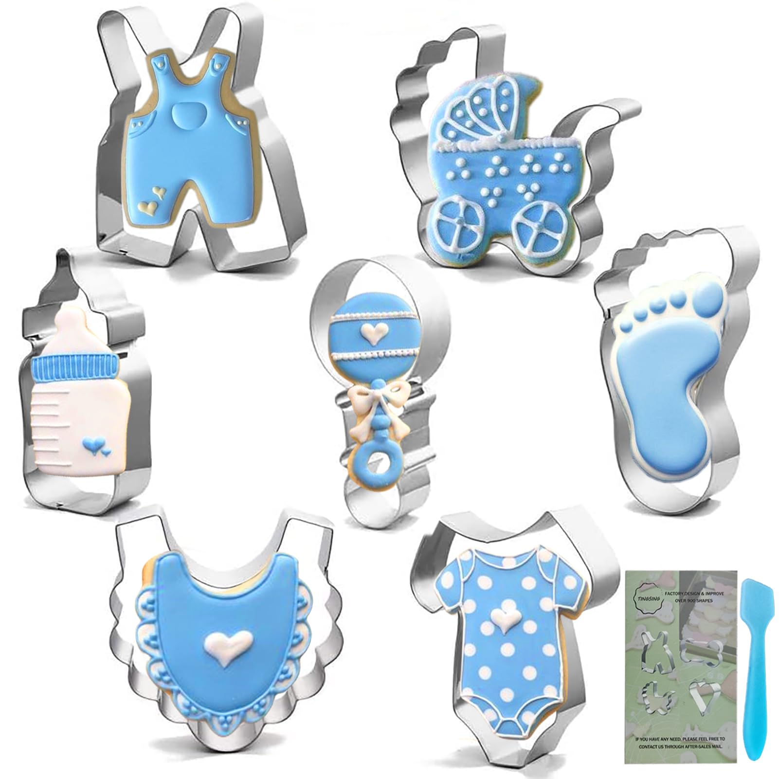 TINGSING Baby Shower Cookie Cutters 7 Pieces Set Onesie, Bib, Rattle, Baby Bottle, Baby Carriage, Baby Pants, Baby Foot Biscuit Cookie Cutter, Fondant Molds for Baby Shower Birthday Party