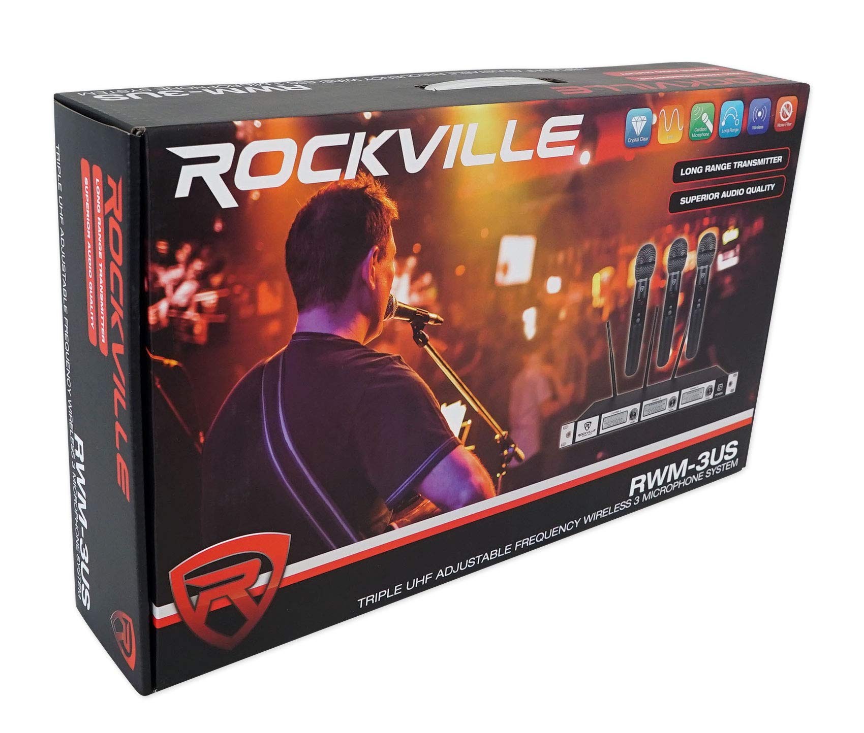 Rockville RWM-3US Triple Wireless UHF 3 Microphone System w/Adjustable Frequency,black