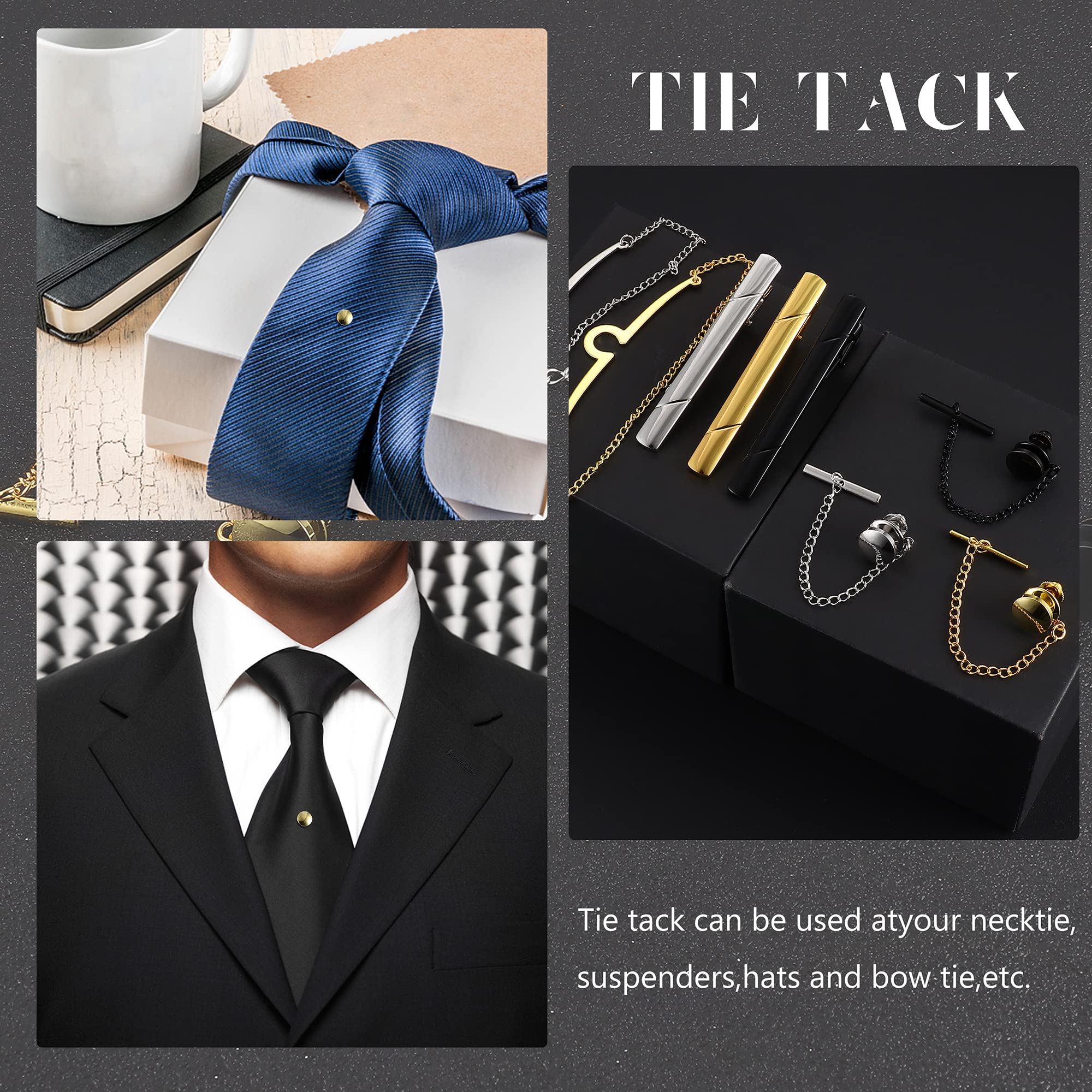 THUNARAZ 8 Pcs Tie Clips for Men Tie Bar Clip for Regular Ties Necktie Mens Tie Tacks Clutch with Chain Wedding Business Tie Pin Clips with Gift Box