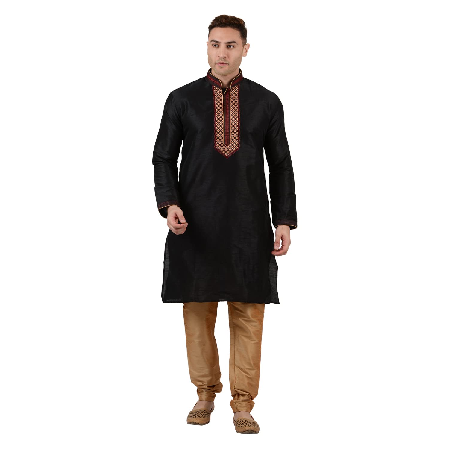 Maharaja Traditional Indian Art Silk Embroidered Kurta Pyjama Set in Black for Men[MSKP017-42]