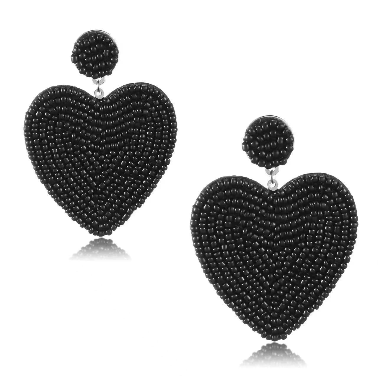 Statement Beaded Heart Earring Y2K Style Hand-craft Monochrome Seed Beads Bold Heart Pendant Earring (BLACK EARRING)
