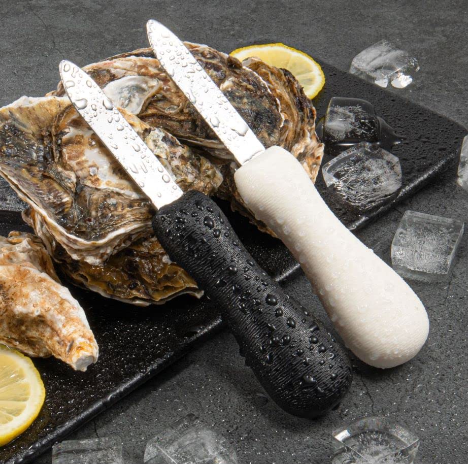 Tiomues Oyster Shucking Knife, with Extra-Long Non-Slip Handle, Professional Oyster Shucker, Seafood Tools Two-Piece Set (Star Black and Pearl White)