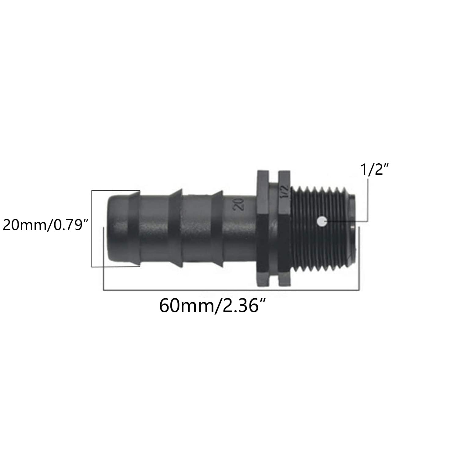 MroMax 10Pcs Drip Irrigation Fittings 1/2" Male Thread Barbed Pipe Connectors External Socket Hose Fitting for Garden Lawn Agricultural Irrigation System Plastic Black, 2.36" length