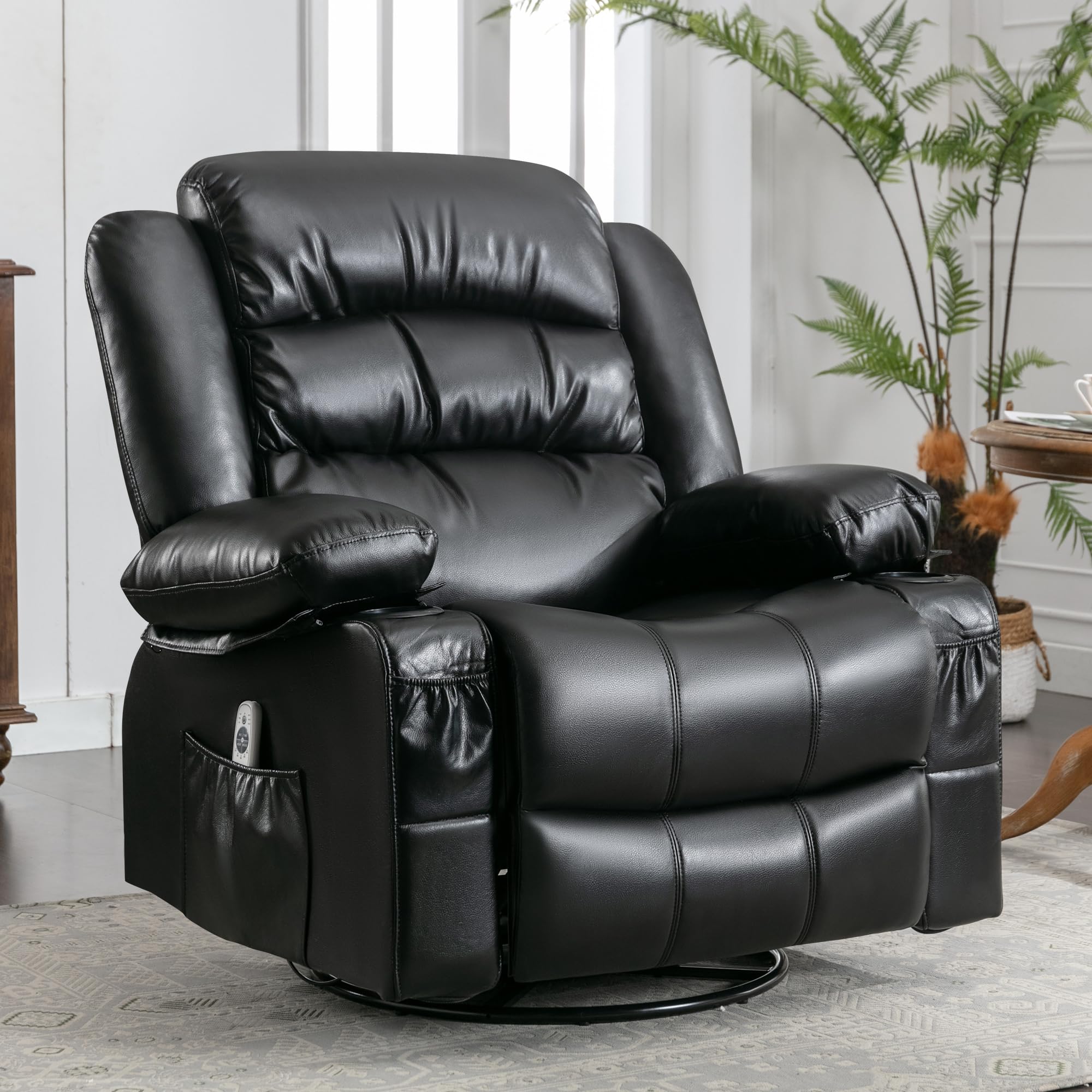 Massage Swivel Rocker Recliner Chair with Vibration Massage and Heat Ergonomic Lounge Chair for Living Room with Rocking Function and Side Pocket 2 Cup Holders USB Charge Port (Black)