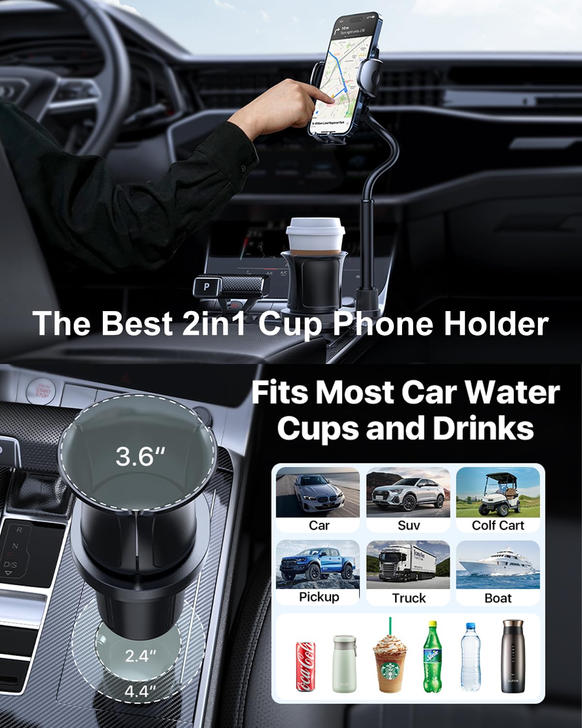 Rorhxia 15inch Cup Holder Phone Mount with Cup Expander [Enjoy Convenience and Flexibility] Drink Cup Phone Holder for Car/Truck/SUV, Adjustable Long Neck Compatible with iPhone, Samsung
