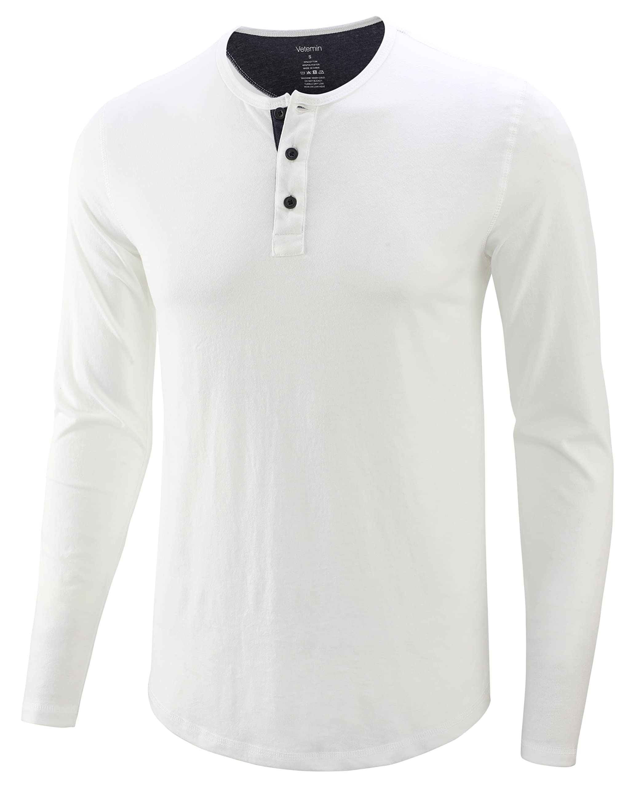 Vetemin Mens Casual Lightweight Long Sleeve Slim Fit Activewear Workout Running Henley T-Shirt White/Navy XL