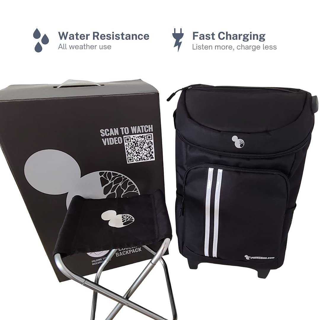 Parks Bag - Leak-Proof Soft Sided Insulated Trolly Cooler Backpack with Wheels, USB Port and Bonus Foldable Stool. 32 Can Capacity for Picnics, Camping, Hiking, Beach and The Outdoors.