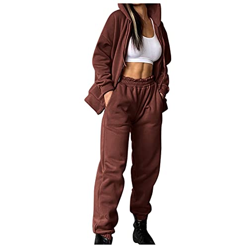 Women's 2 Piece Lounge Sets Outfits Casual Zip Up Hoodie and Sweatpant Jogging Suit Set Full Zip Up Sweatsuits Set Brown