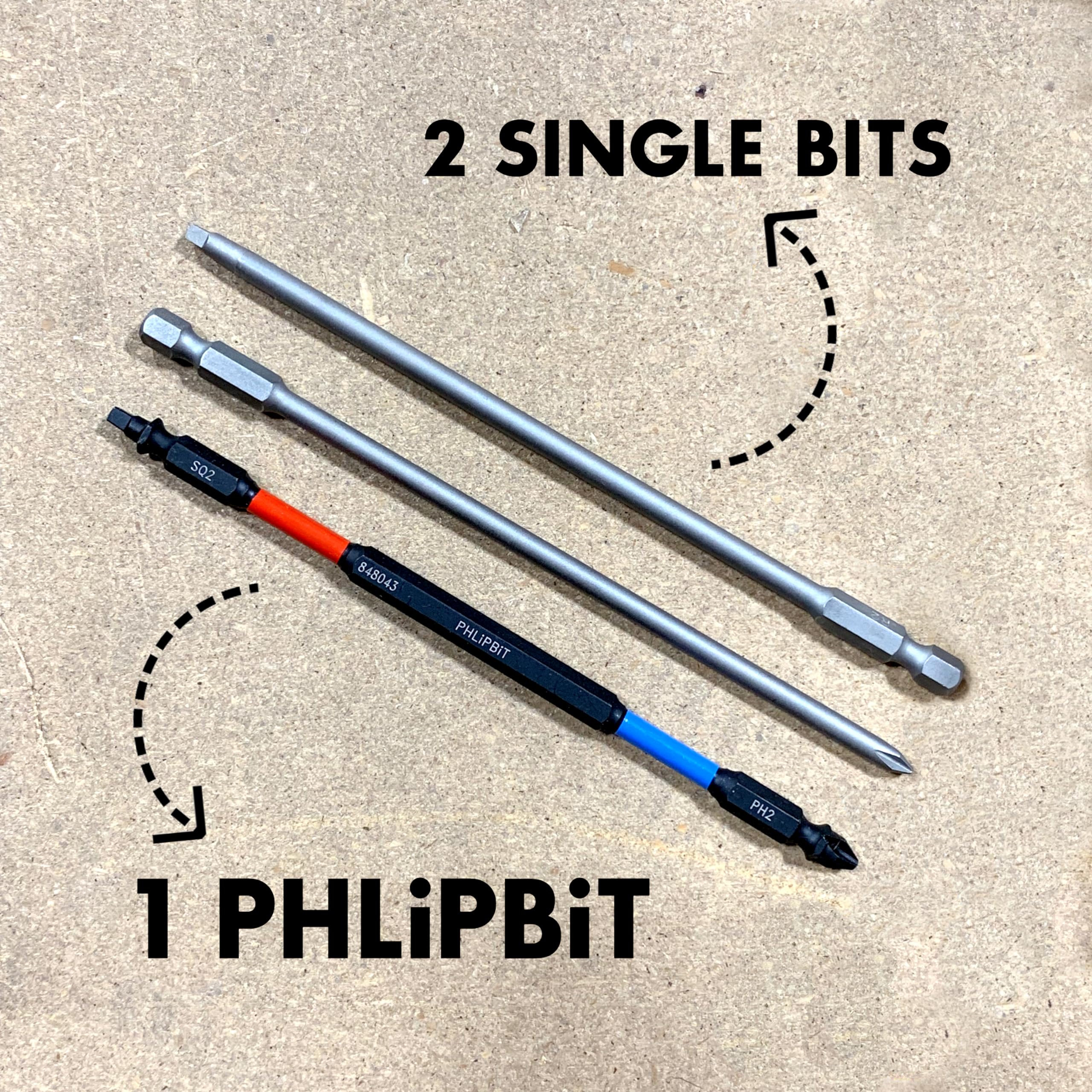 PHLiPBiT - Double-End, Impact Rated Screwdriver Power Bit, IRPB6SQPH2-5, SQ2+PH2, 6 INCH, 5pk. (SQ2 Red drives #8/10 Square + PH2 Blue drives #8/10 Phillips Screw)