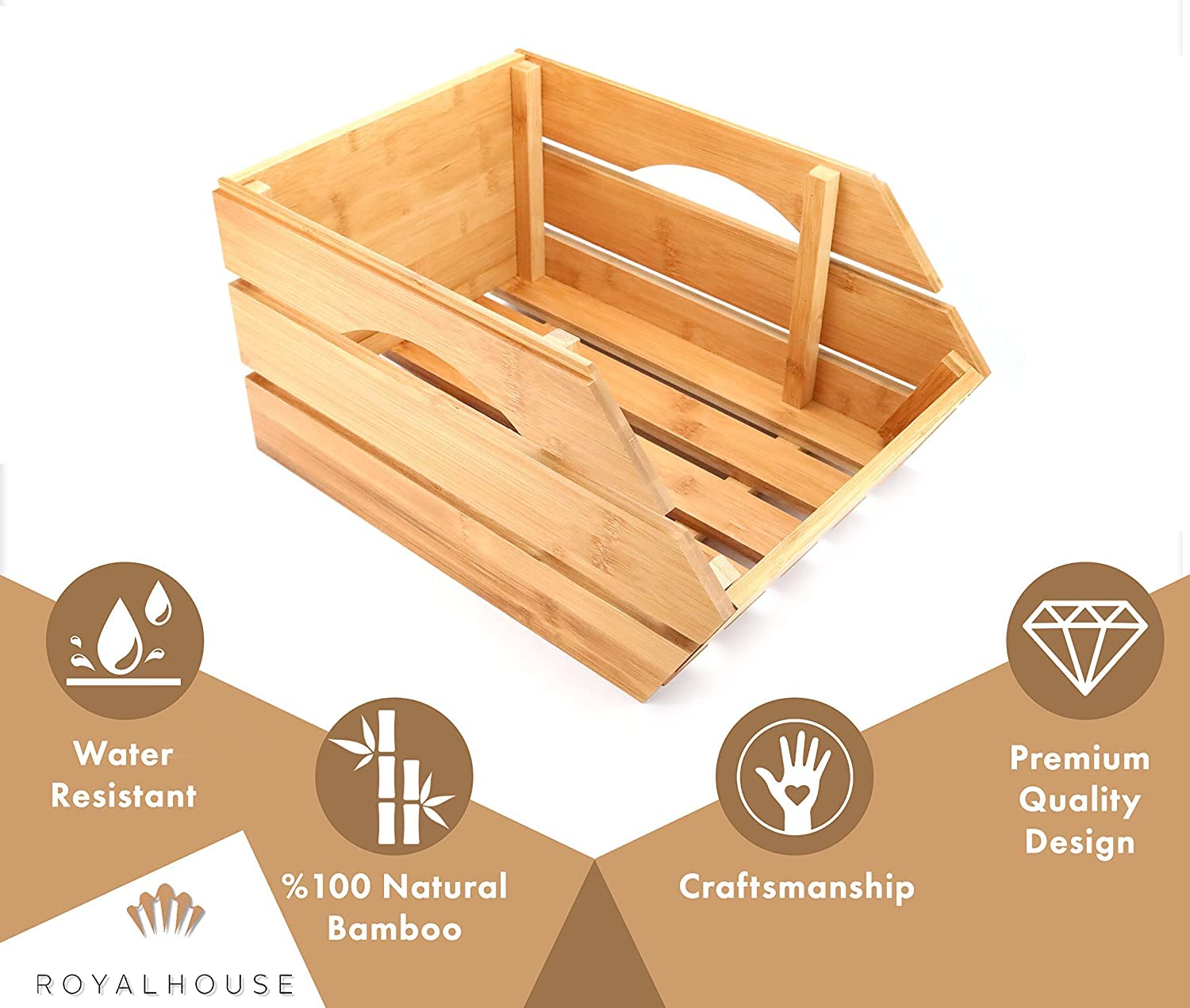 ROYALHOUSE Bamboo Fruit Basket, Stackable Basket, Fruit & Vegetable Storage For Kitchen Countertop, Bamboo Fruit Bowl, Tabletop Fruit Serving Bowl (Pack of 2)