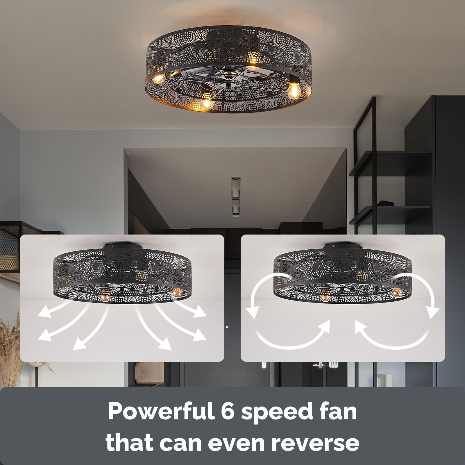 Orison 20 Inch Caged Ceiling Fan with Light, Black, 6 Speeds, Timer, Reversible Motor, Industrial Low Profile Ceiling Fan for Living Room, Bedroom, Kitchen