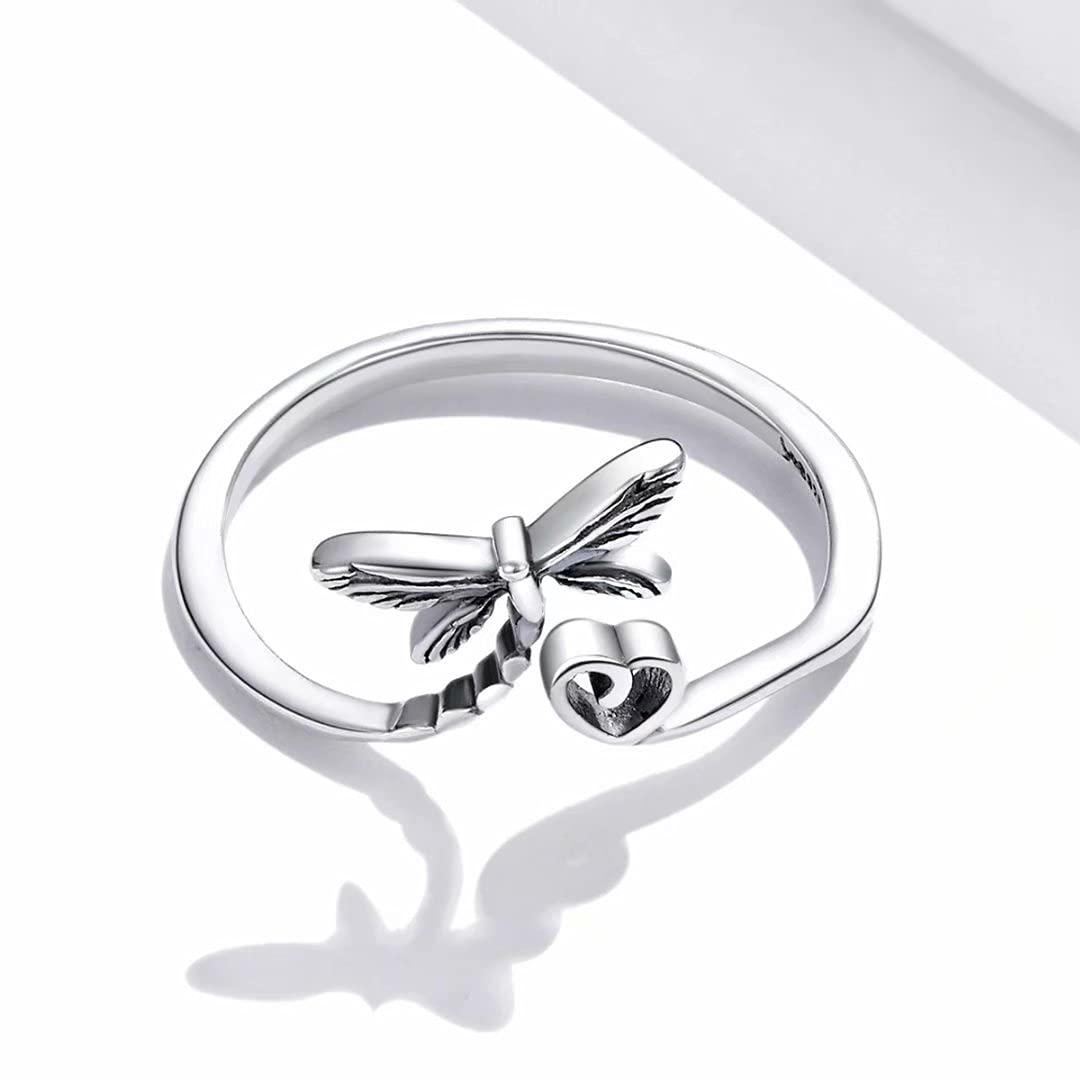 Qings Dragonfly Sterling Adjustable Ring: Silver Ring Women Dragonfly Open Heart Animal Simple Cute Finger Ring Wedding Jewelry for Women