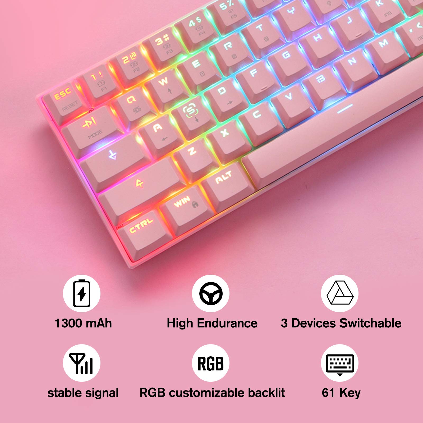MOTOSPEED Bluetooth/Wired 60% Pink Mechanical Keyboard Compact 61 Keys RGB LED Backlit Type-C Gaming/Office Keyboard for PC/Mac/Laptop Gamer (Blue Switch)