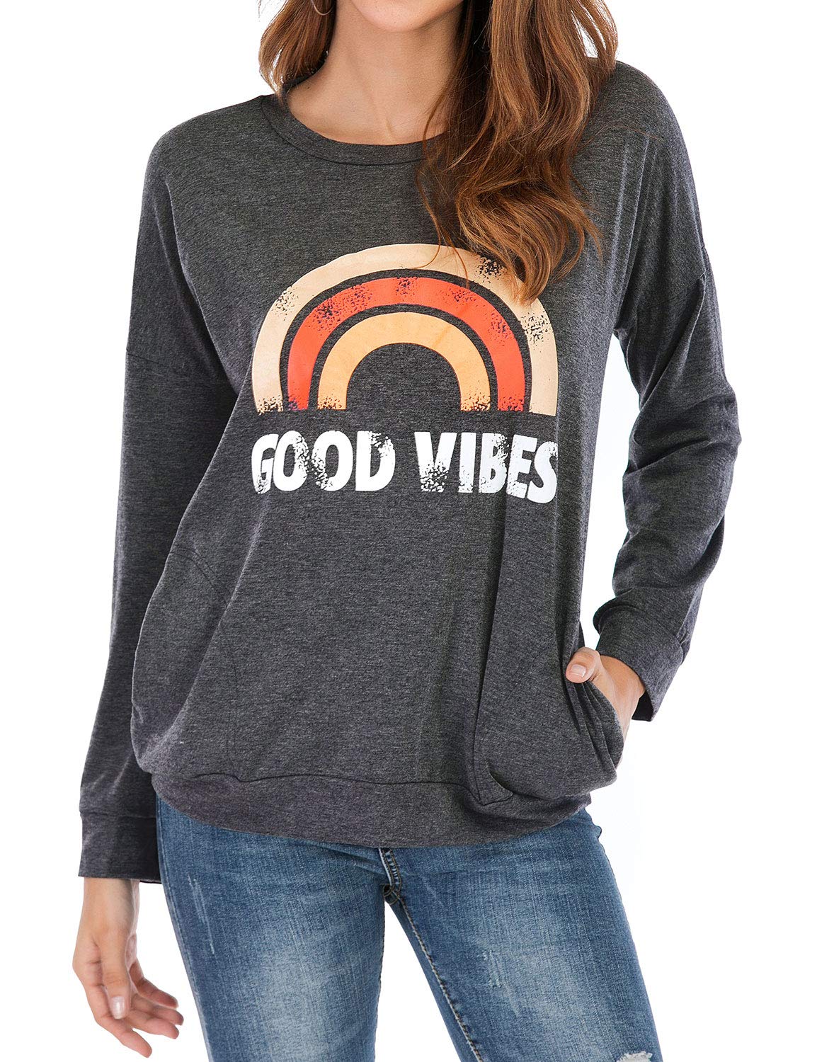 OUNAR Women Good Vibes Loose Fit Sweatshirt Rainbow Graphic Casual Long Sleeve Tops Shirts