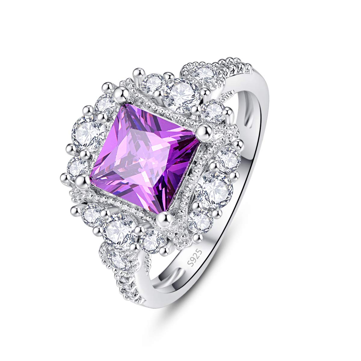 Momius 925 Silver Created-Amethyst Princess Cut CZ Halo Flower Wedding Band Engagement Ring for Women Size 9¡