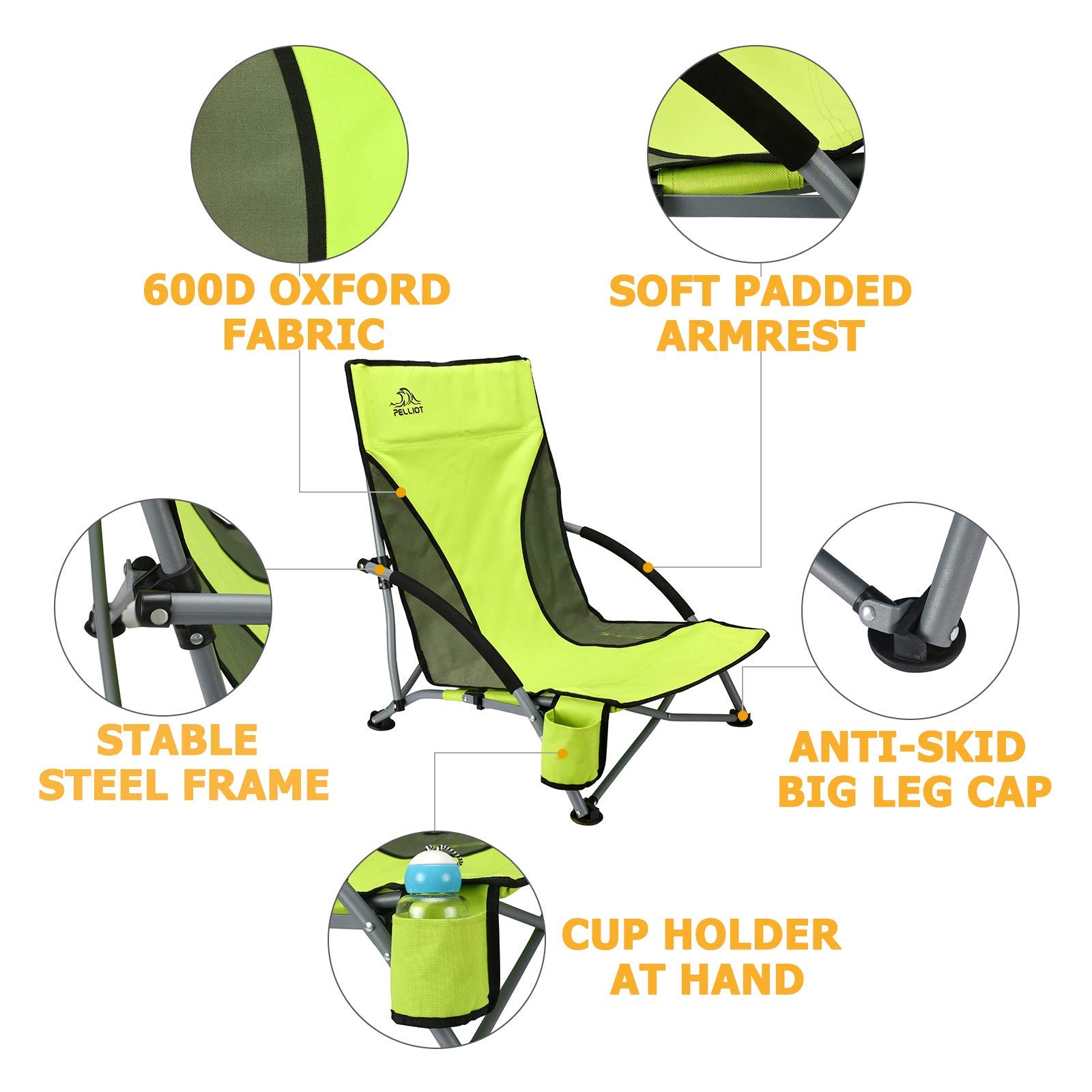 PELLIOT Ultralight and Compact Low Profile Outdoor Folding Camping Beach Chair with Cup Holder & Carry Bag (Green)