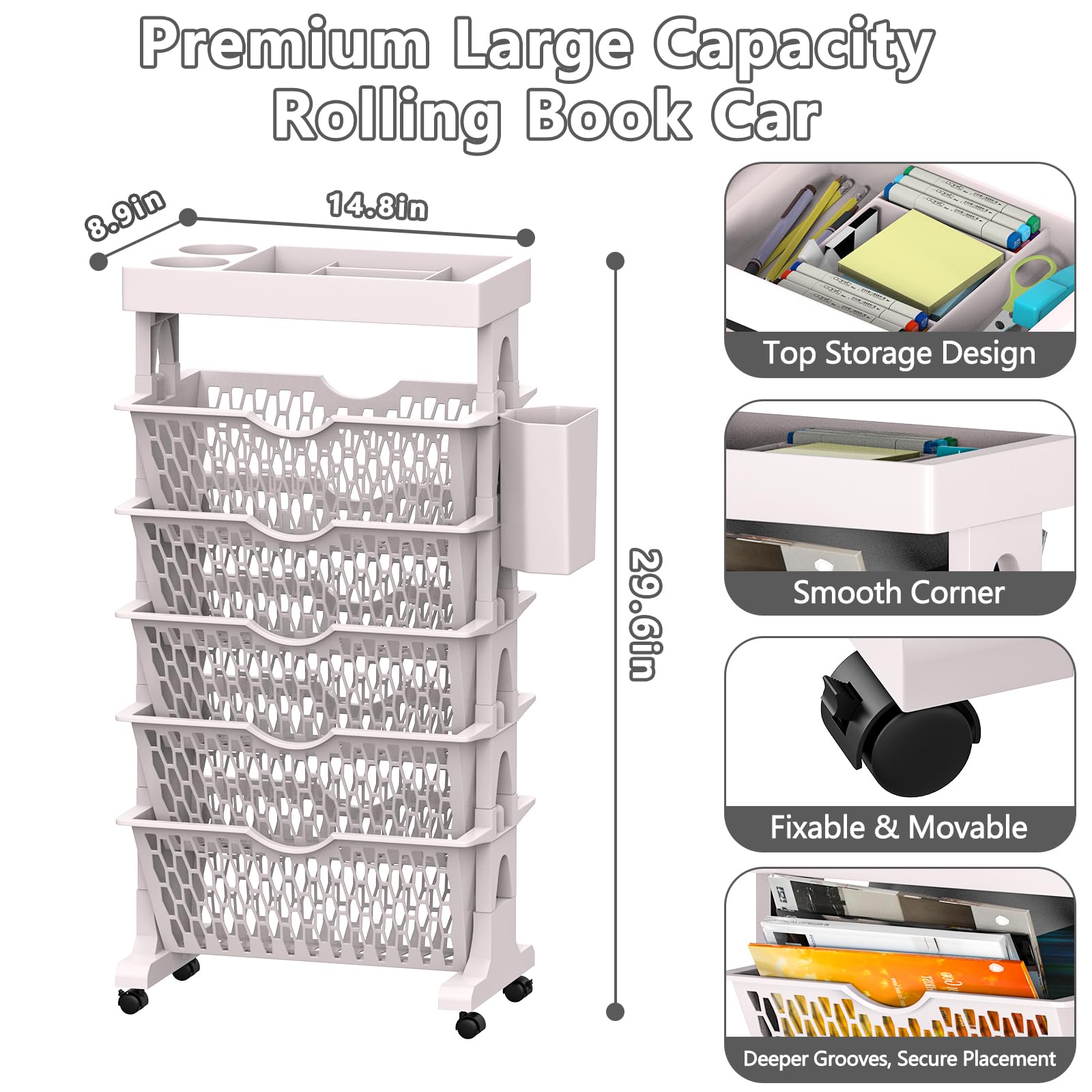 NIRIAHO 6 Tier Mobile Bookshelf, Rolling Cart Multi-Functional Movable Storage Book Shelves, Utility Cart Office Organizer White Bookshelves with Lockable Casters for Office, Dorm, Classroom