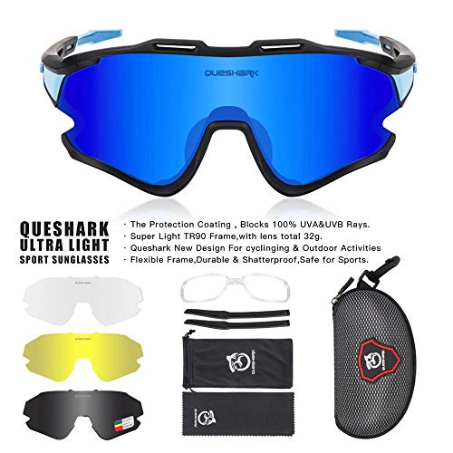 Queshark Sports Cycling Sunglasses 4 Lens Anti UV400 for Men Women HD Polarized