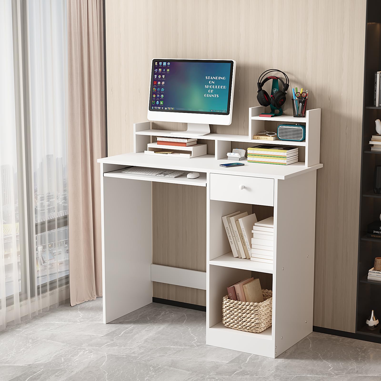 MULKGLOBAL Home Office Wood Computer Desk with Drawers and Pull Out Keyboard Tray Modern Simple Style Computer Workstation Study Writing Desk,White