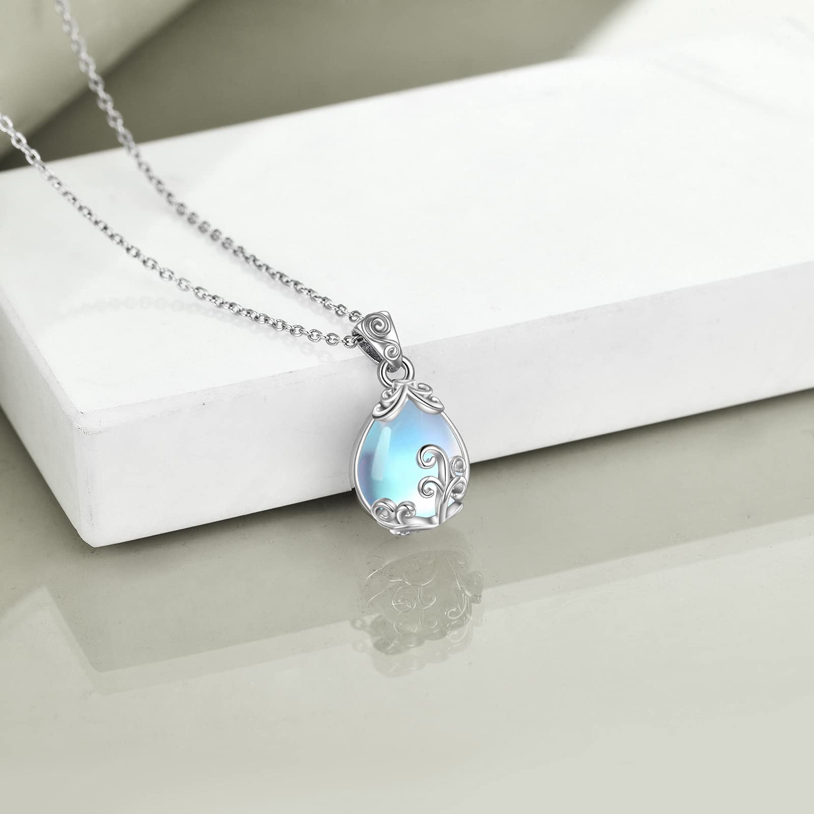 POPLYKE Sterling Silver Moonstone Filigree Teardrop Necklace Jewelry for Women (Small)