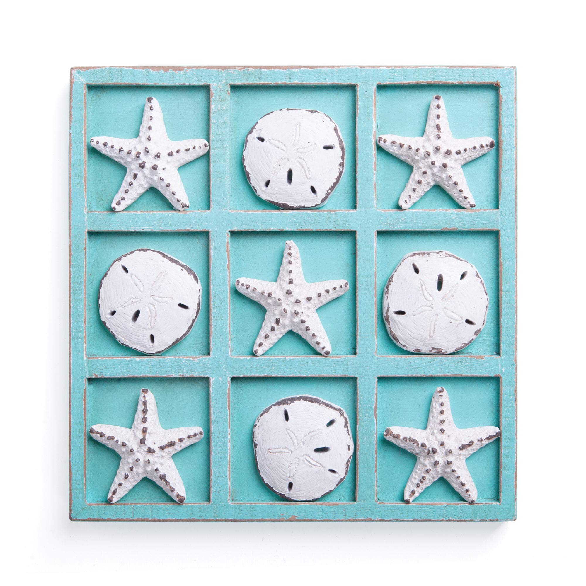 NIKKY HOME Beach Tic Tac Toe for Fun Starfish Sand Dollar Coastal House Coffee Table Decor Wood Board Travel Game, 8.98 x 8.98 x 1.18 inch, Teal