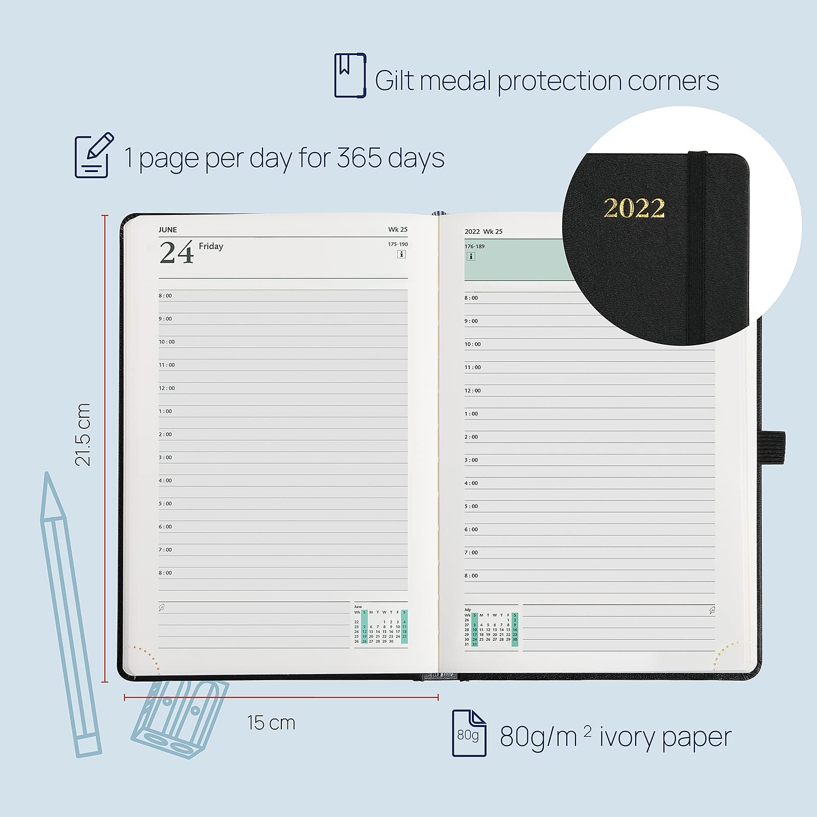 POPRUN Daily Planner 2022 Page A Day Hardcover - Agenda 2022 Hourly Appointment Book with Monthly Calendar, Inner Pocket, 5.5" x 8.5", Green