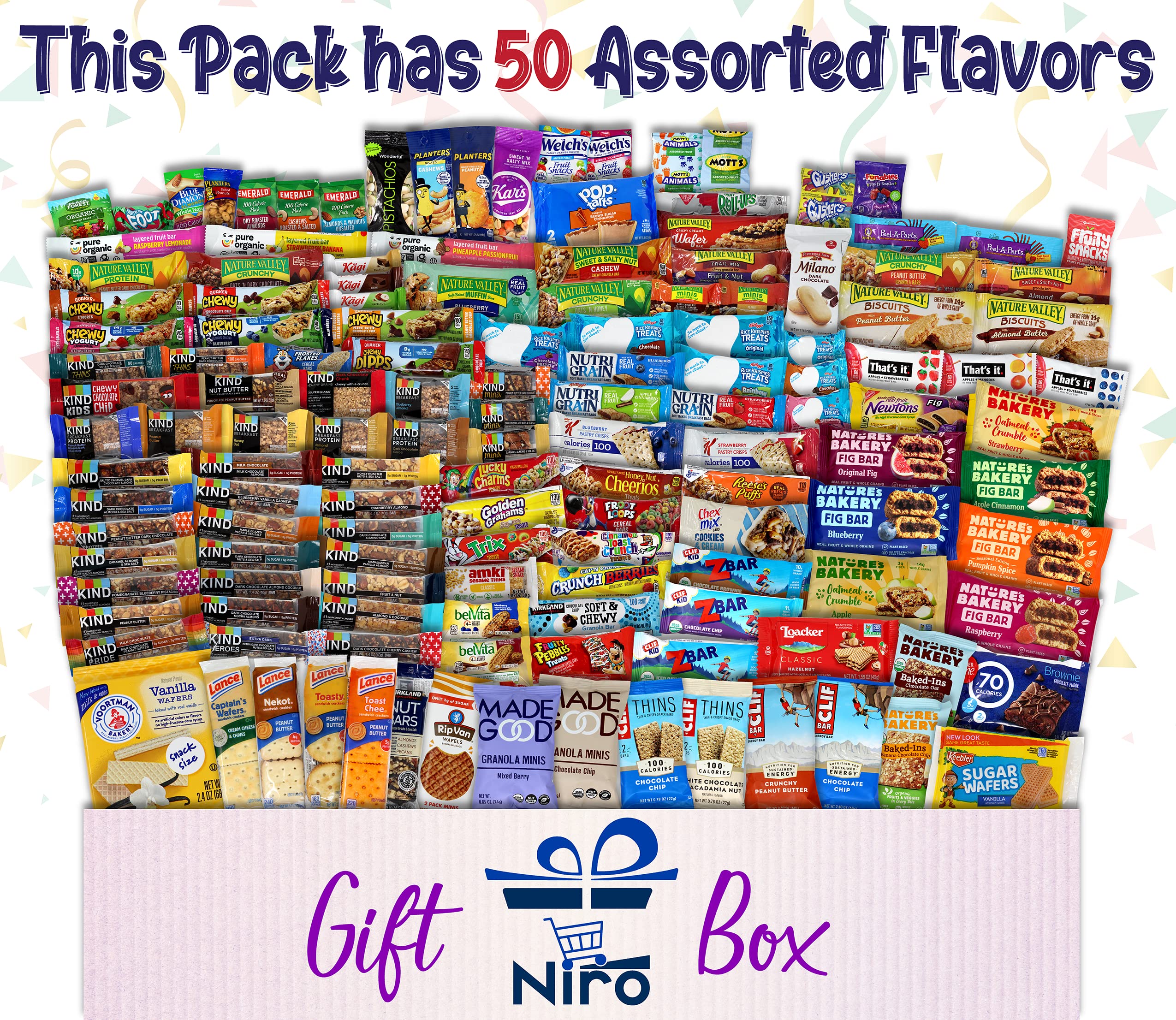 Niro Assortment | Healthy Snack Box Variety Pack | 50 Count Assortment Including Nature's Valley, Cliff Bars, Kind Bars, and More | Ideal Healthy Office Snacks for Adults | Delicious and Nutritious