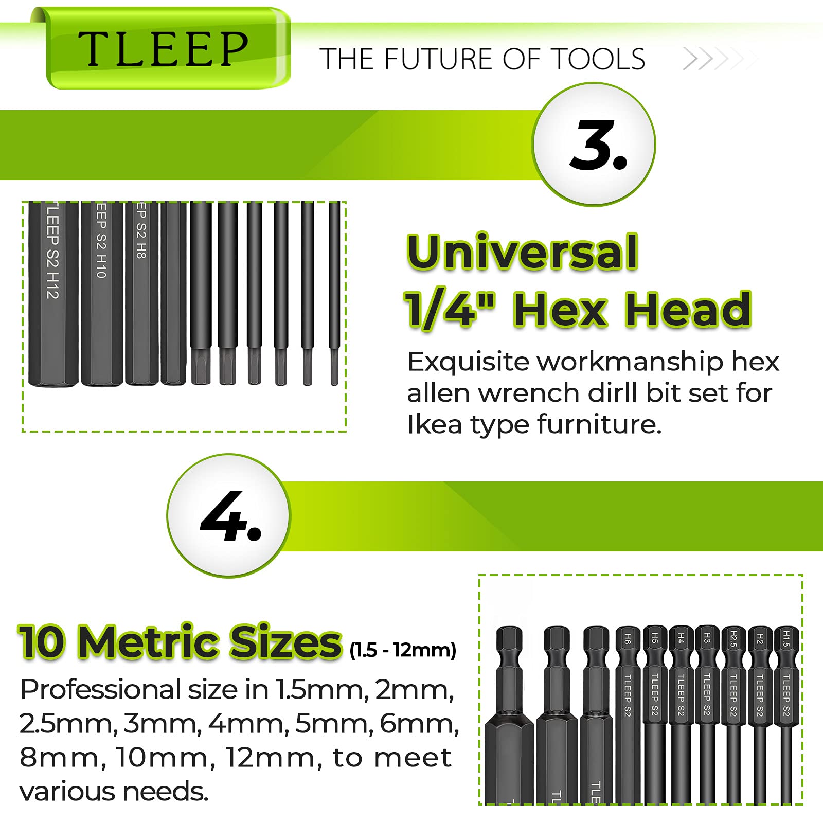 TLEEP 20 x Magnetic Power Nut Driver Set for Impact Drill, Extended 1/4" Hex Head Drill Bit Set SAE & Metric, 10 x 1/4 Inch Hex Head Allen Wrench Drill Bits Long 100MM, Metric 1.5mm to 12mm