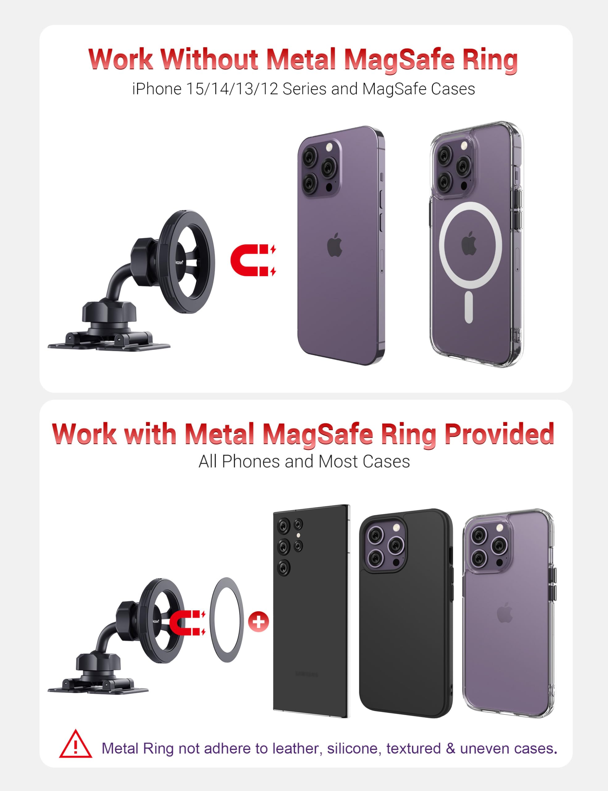 PROfezzion Deluxe Metal Version for MagSafe Car Mount, 2 in 1 Combo Magnetic Phone Holder for Car Vent or Dashboard Compatible with iPhone 15 14 13 12 Pro Max Plus, MagSafe Case & All Phones