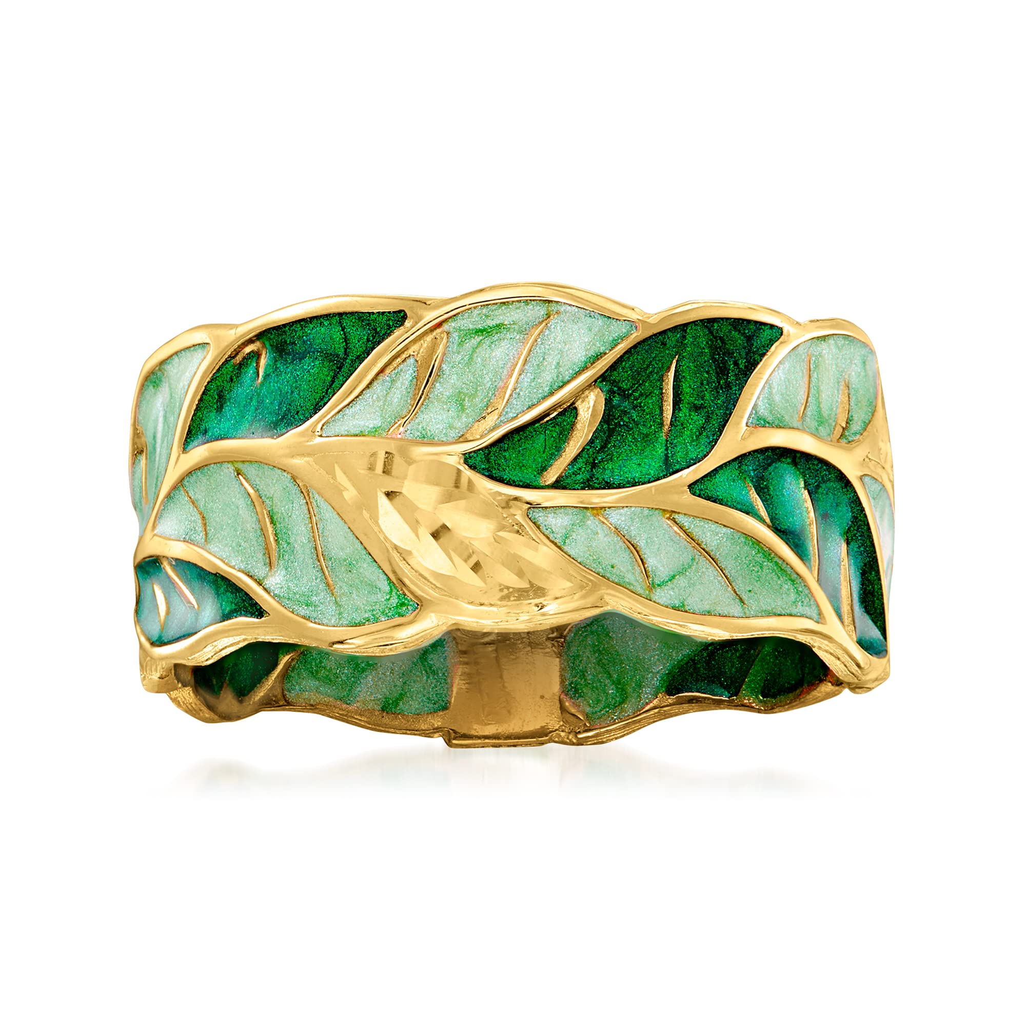 Ross-Simons Italian Green Enamel Leaf Ring in 14kt Yellow Gold. Size 8