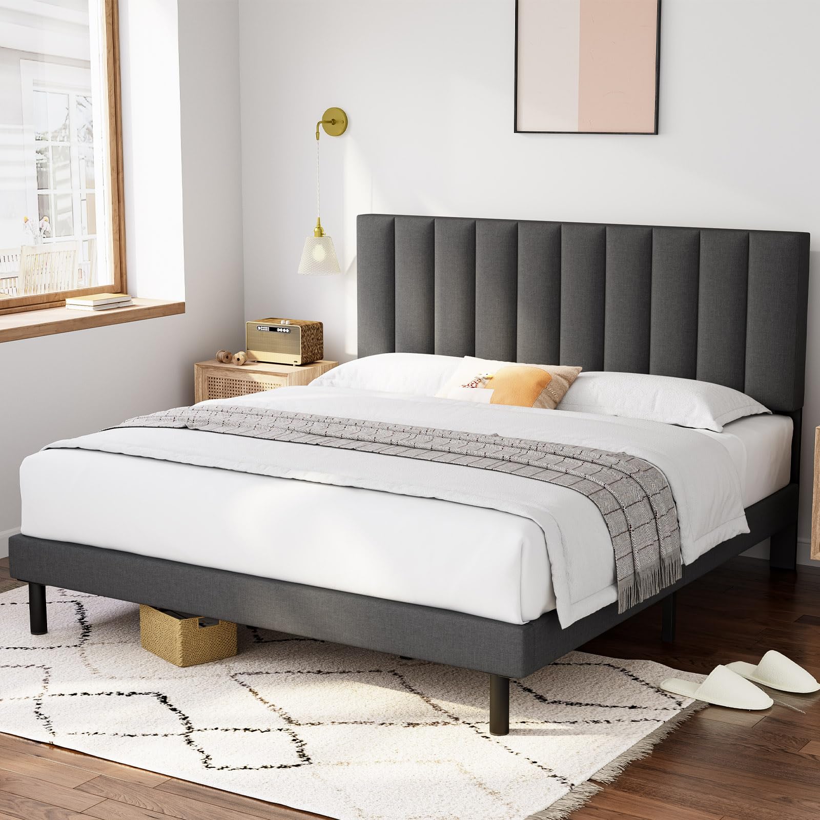 Molblly King Size Bed Frame Upholstered Platform with Headboard and Strong Wooden Slats,Mattress Foundation,Non-Slip,No Box Spring Needed, Easy Assembly,Dark Gray