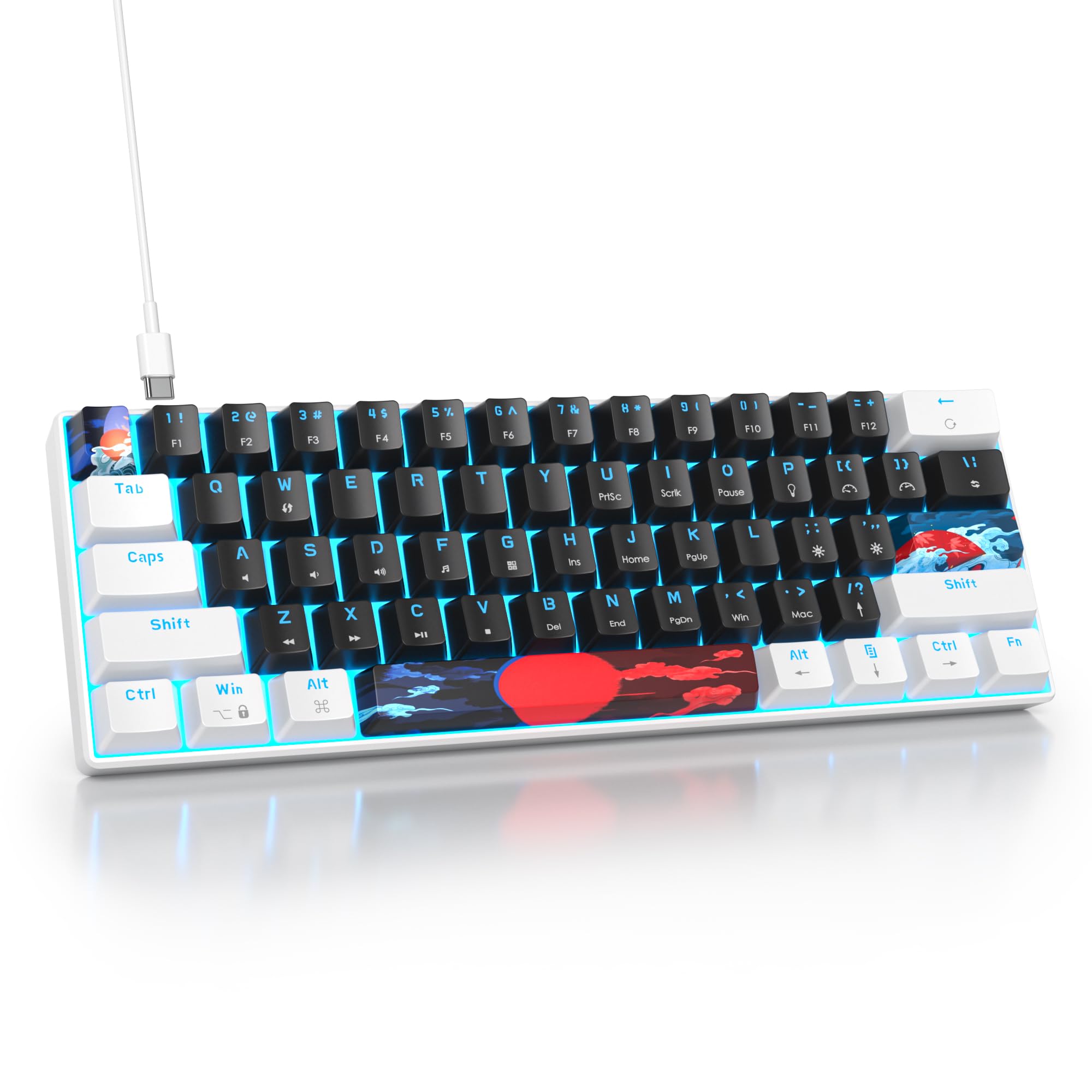 Ussixchare 60% Mechanical Keyboard Mini Gaming Keyboard 60 Percent with Red Switch Wired Type-C Cable Mini Keyboard with Blue Light Backlight for Laptop/PC Gamer(Black-White)