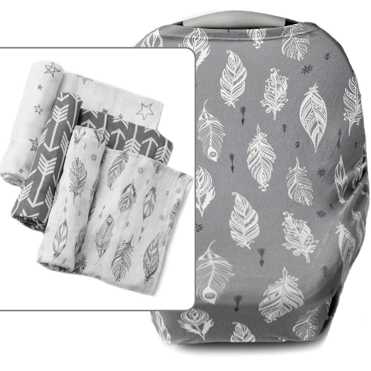 Multi Use Nursing Cover, Car Seat Canopy, Shopping Cart, High Chair, and Stroller - Feather and Muslin Swaddle Blanket Set 'Wanderer' Bundle