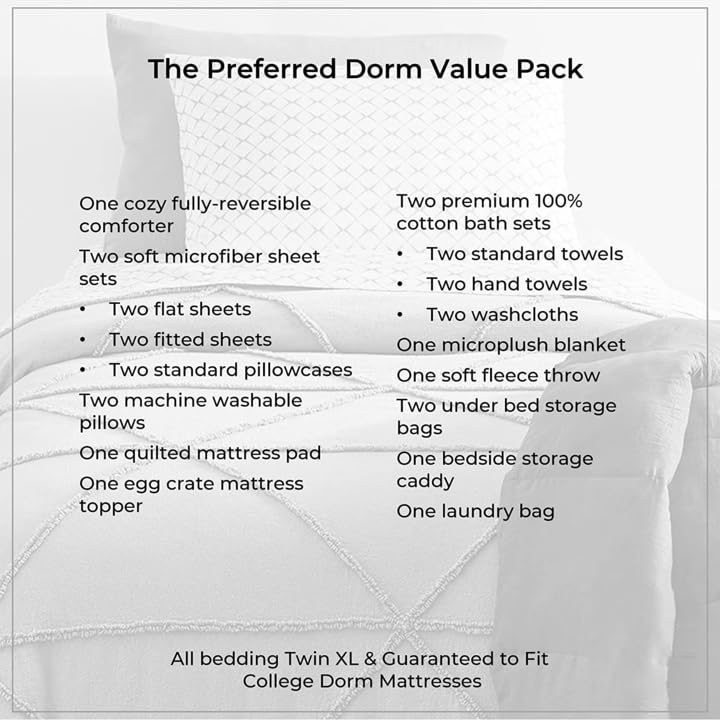 OCM College Dorm Room 23-Piece Preferred Dorm Essentials Value Pack | Twin XL | Comforter, Sheets, Pad, Topper, Towels, Organization, Storage | Wonderland Gray | Oversized Plaid in Black & Gray