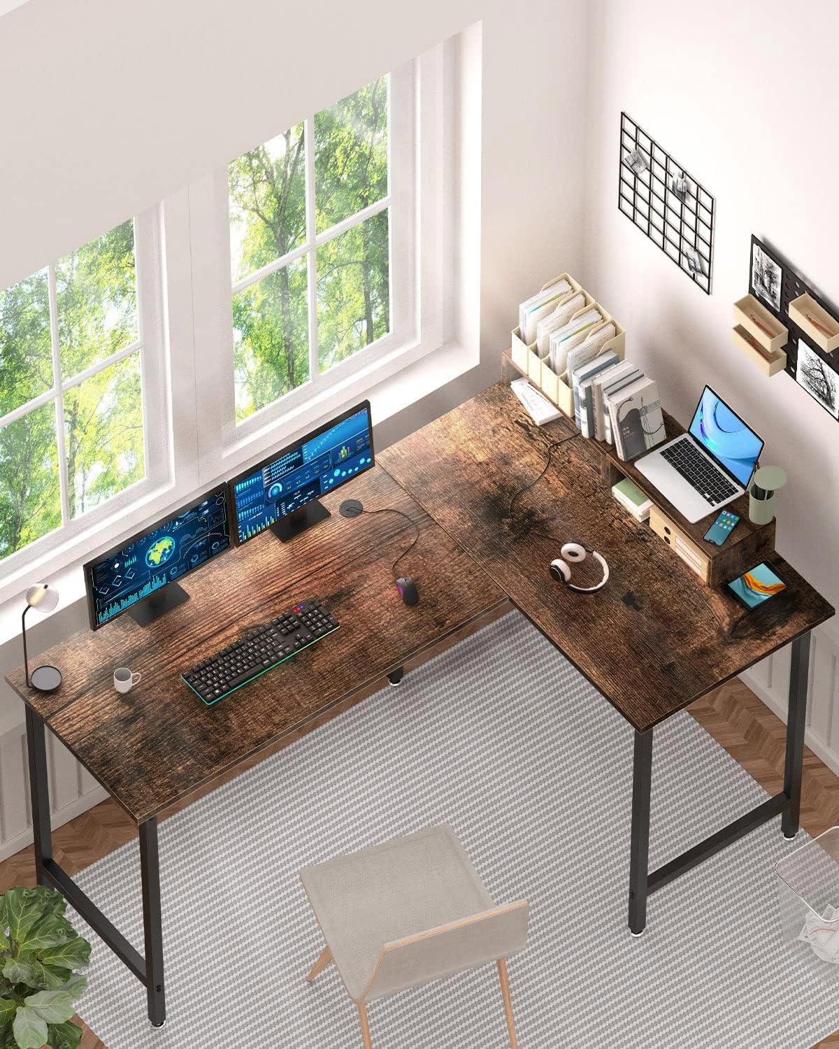 MINOSYS L Shaped Computer Desk - 58" Gaming Desk, Reversible Corner Desk, Home Office Writing Desk with Monitor Stand Shelf, Space-Saving Modern Simple Wooden Desk, Rustic Brown