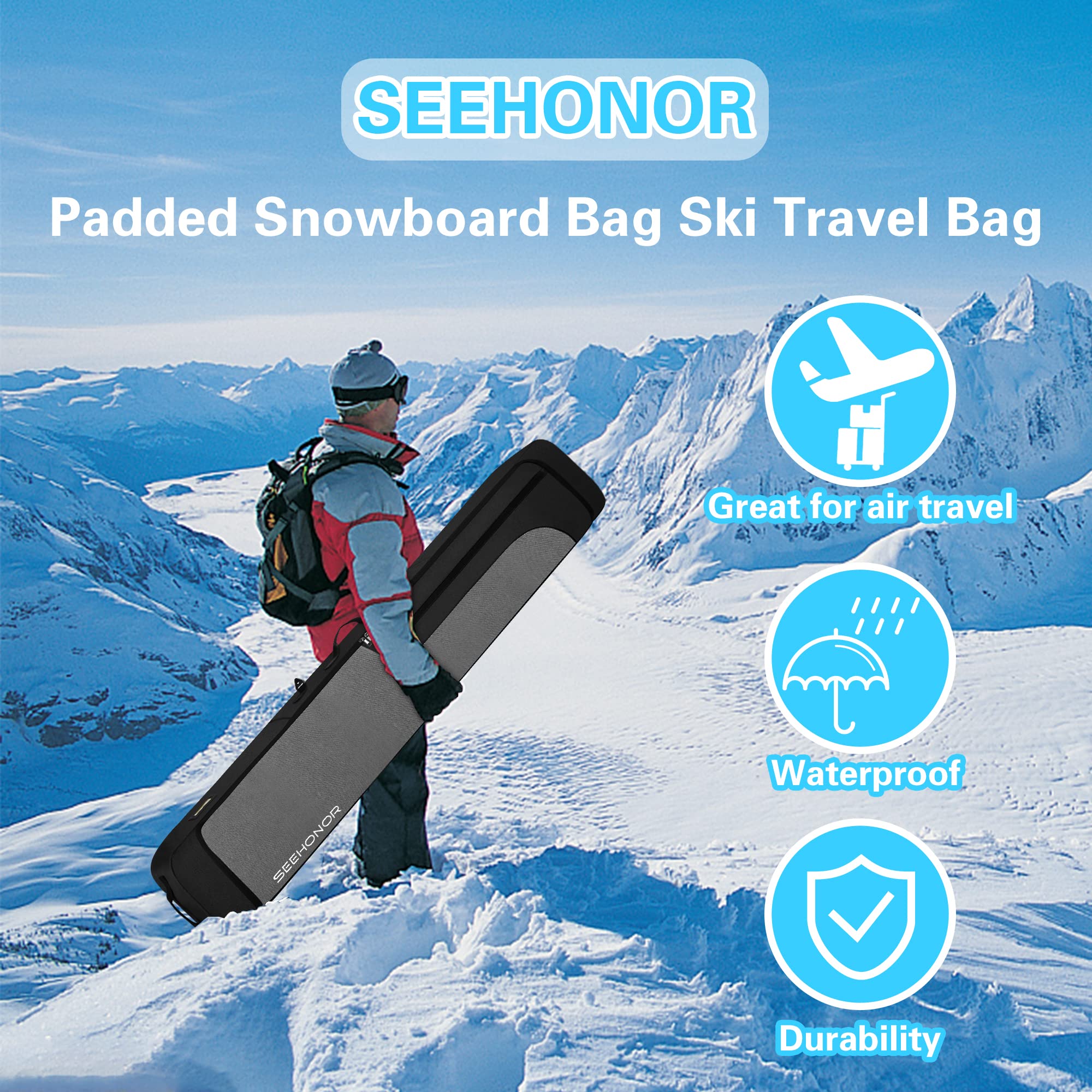 SEEHONOR Padded Snowboard Bag Store Transport Snowboard/Skis, Perfect Ski Bag for Air Travel