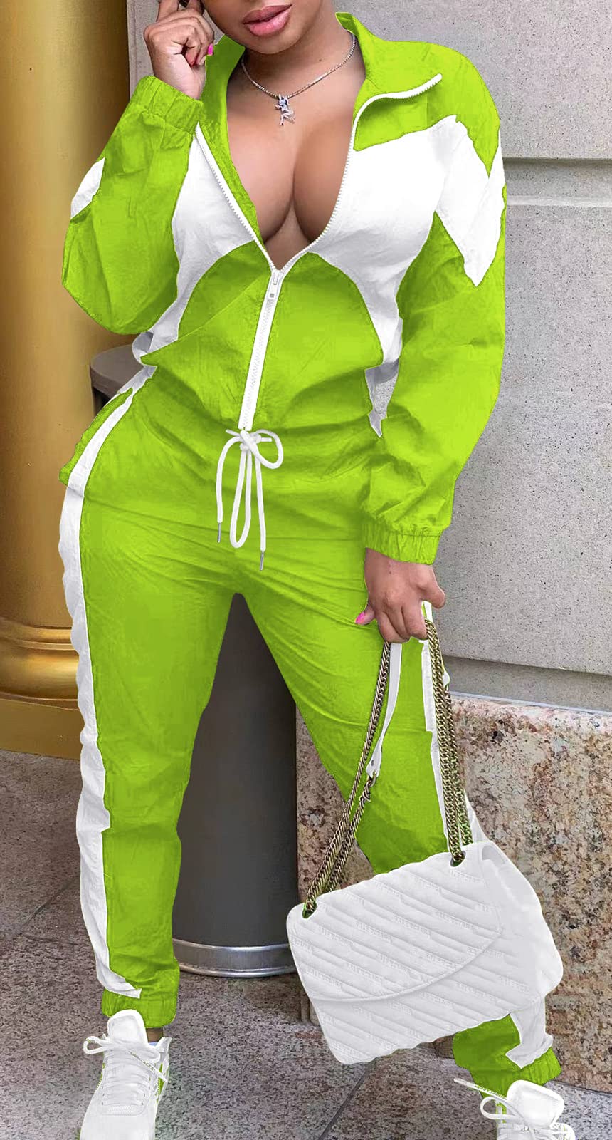 Rodawu Women's Patchwork Color Block Tracksuit 2 Piece Outfits Casual Long Sleeve Full Zip Jacket Pants with Pockets Sweatsuits Fluorescent Green Large