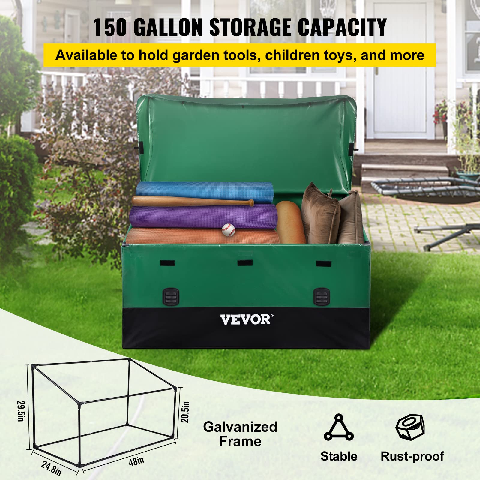 VEVOR Outdoor Storage Box, 150 Gallon Waterproof PE Tarpaulin Deck Box w/Galvanized Frame, All-Weather Protection & Portable, for Camping, Garden, Poolside, and Yard, Black & Green