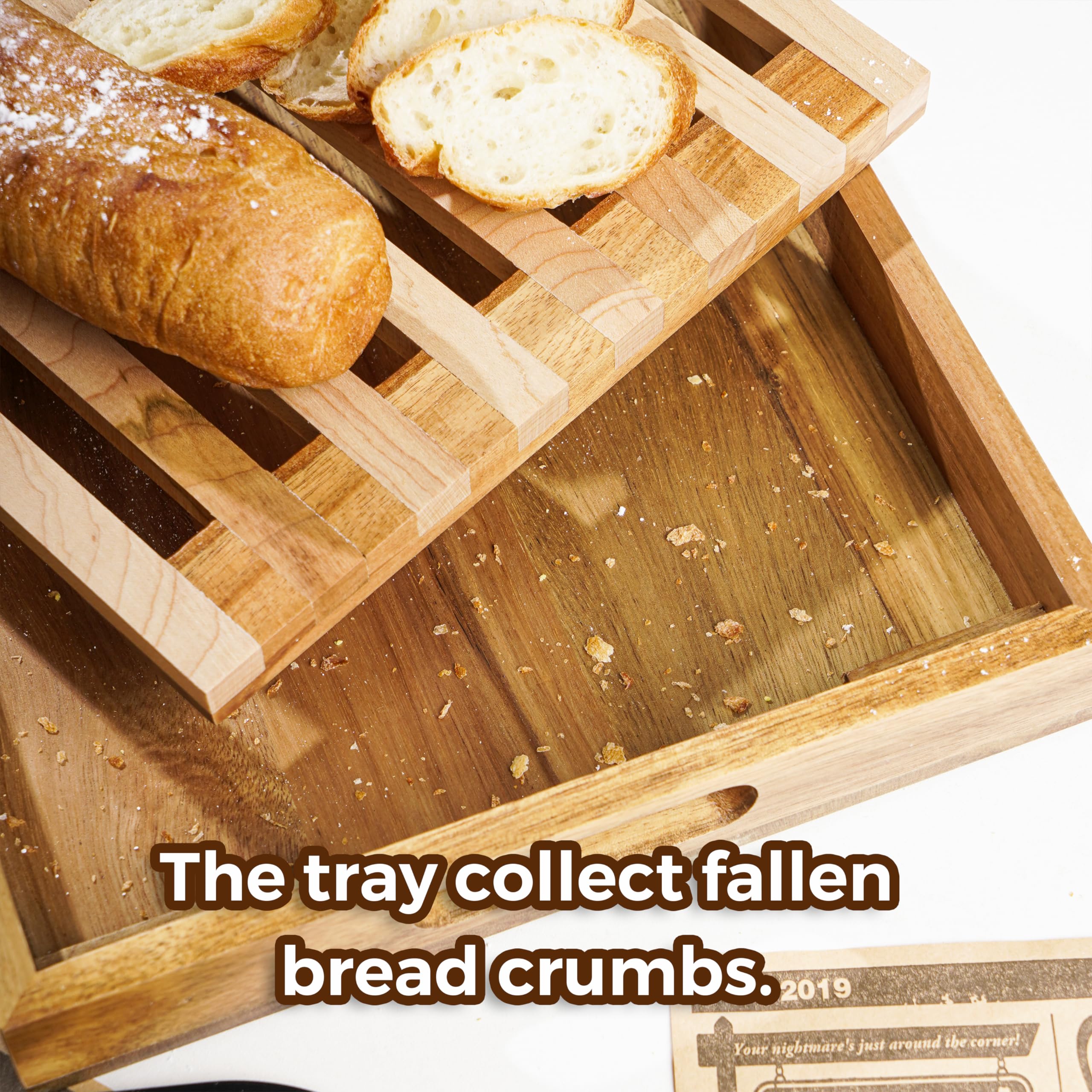 Nuvograin Wood Bread Cutting Board, Bread slicer,Crumb Tray with holder,Bread Serving Tray for Kitchen,Color combination design,Bread, Cake, Bagels, 9.53β Wide x 1.46"Tall