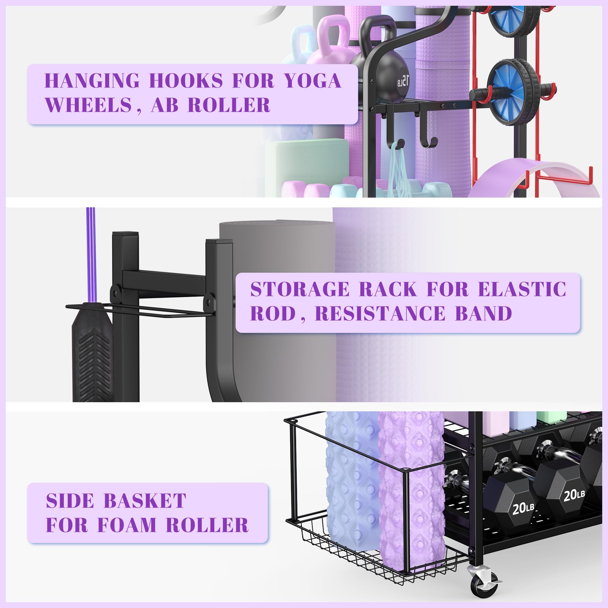 Mythinglogic Yoga Mat Storage Racks for Home, Gym Rack for Dumbbells Kettlebells Foam Roller, Yoga Strap and Resistance Bands, Workout Equipment Organizer With Hooks and Wheels