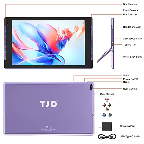 TJD Android 12 Tablets,10.1 inch Tablet PC, 4GB RAM 64GB ROM 512GB MicroSD, FHD IPS Display, Dual Camera, Double Stereo Speakers, Wi-Fi5.0/2.4, Bluetooth5.0, Google GMS Certified (Purple)