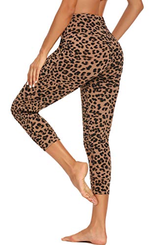 Oalka Womens Capri Joggers High Waist Pockets Running Sweatpants Jogger Pants Khaki Leopard Print Large