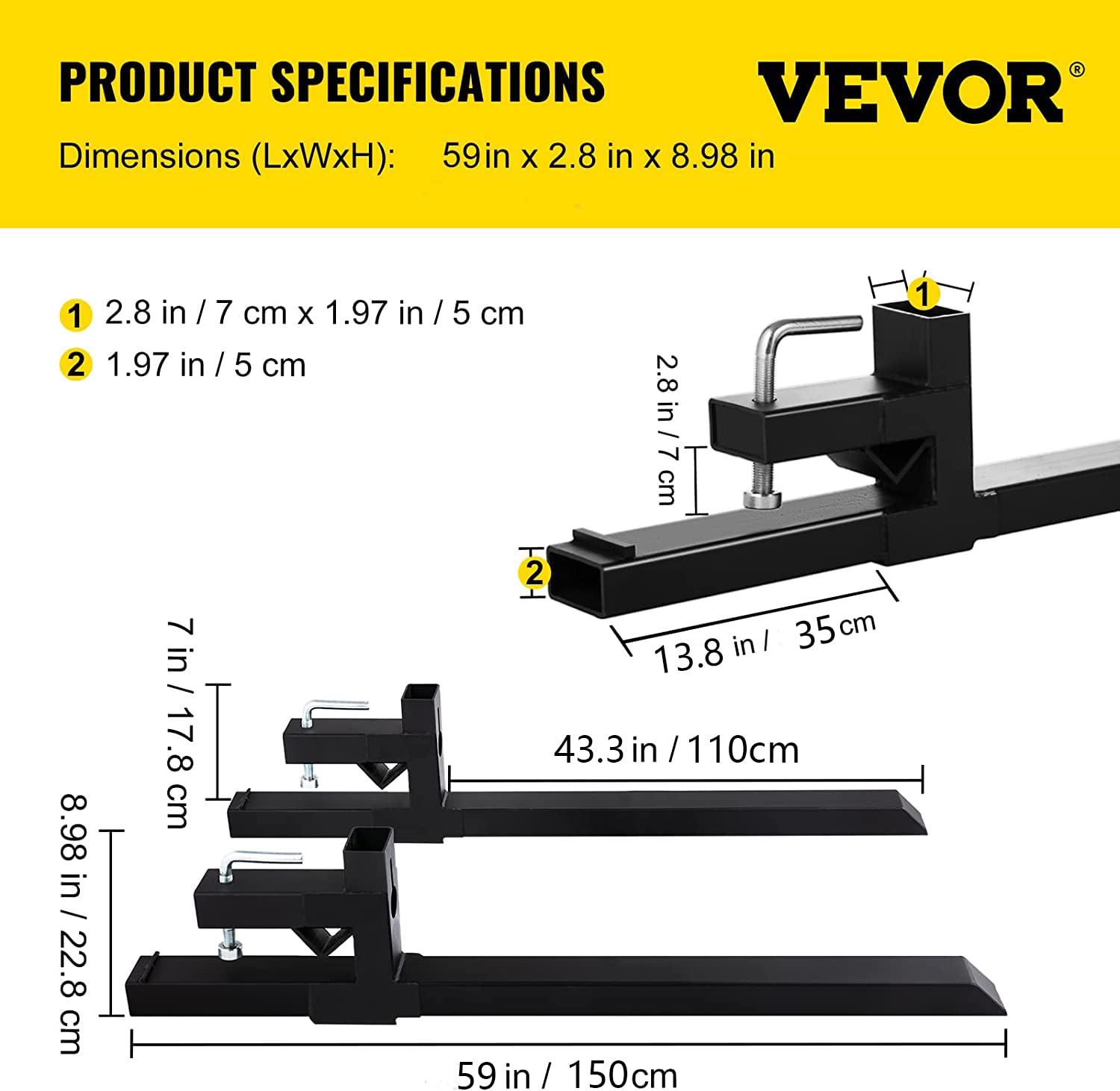 VEVOR Pallet Forks, 2000 Lbs Clamp on Pallet Forks 59" Total Length, Tractor Bucket Forks, Heavy Duty Pallet Forks for Tractor Attachments, Skid Steer, Loader Bucket