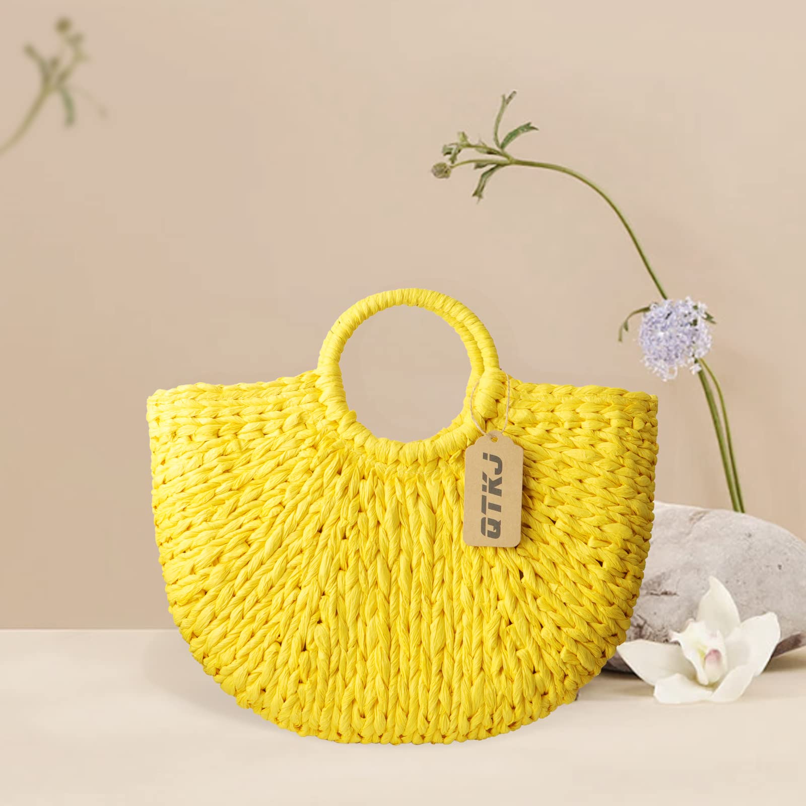 QTKJ Simple Retro Semi-circle Rattan Straw Bag Hand-Woven Round Handle Handbags Summer Beach Bag Tote Straw Bag Purse (Yellow)