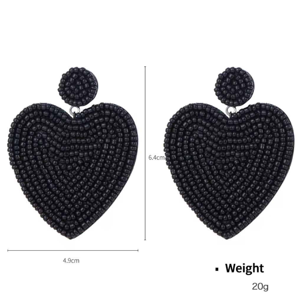 Statement Beaded Heart Earring Y2K Style Hand-craft Monochrome Seed Beads Bold Heart Pendant Earring (BLACK EARRING)