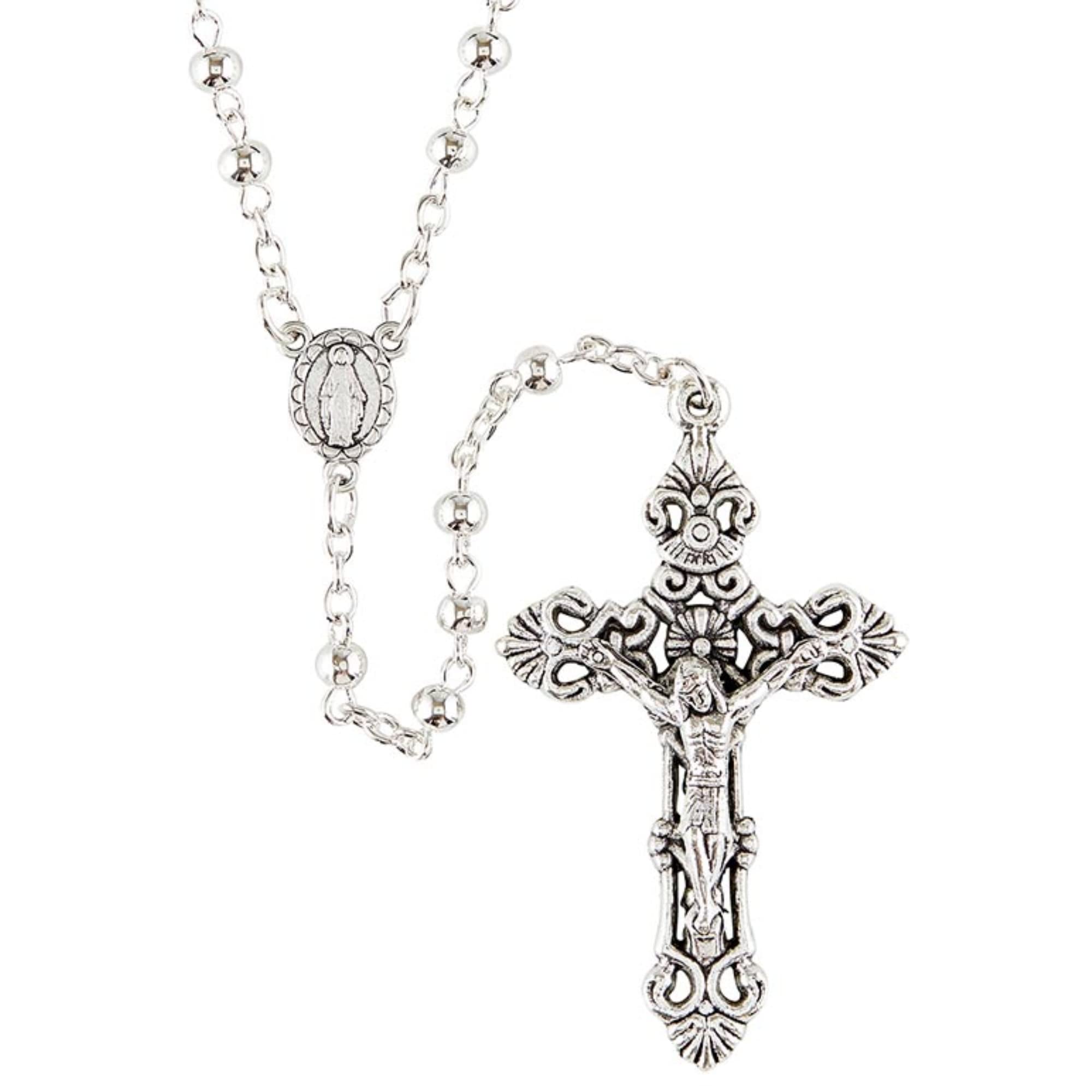 Simple Metal Necklace Rosary, Religious Devotional Jewelry, Classic Crucifix on Beaded Chain, Gift for Loved Ones, & More, 12 Inches, 4 Millimeter Beads