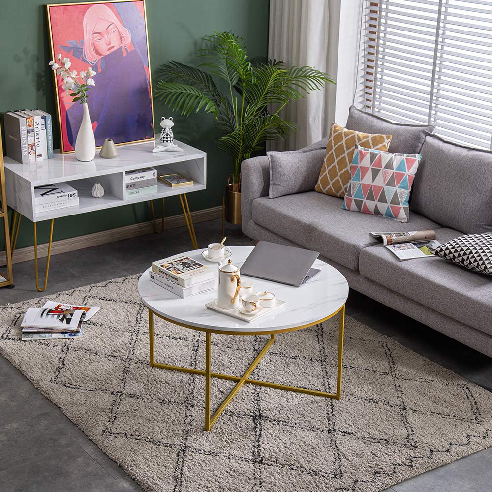 mecor Round Coffee Table, Modern Center Table with Faux Marble Surface top & Gold Metal Legs, Sofa Table for Living Room, Home Office - Marble/Gold